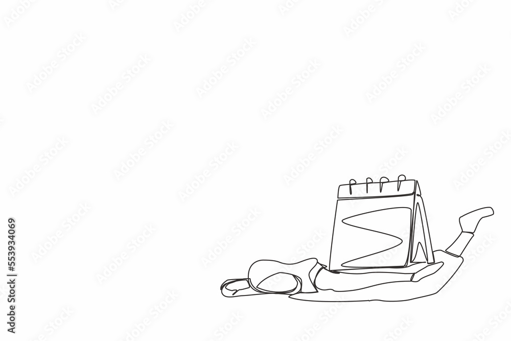 Single continuous line drawing Arab businesswoman under heavy calendar ...
