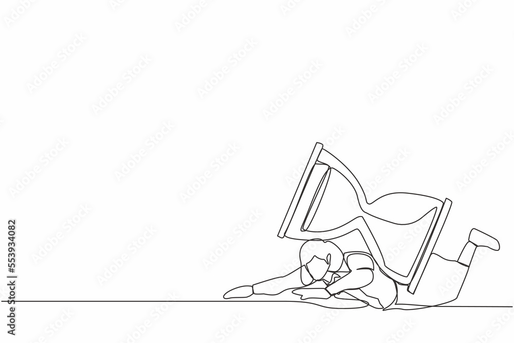 Single one line drawing unhappy businesswoman under heavy hourglass ...