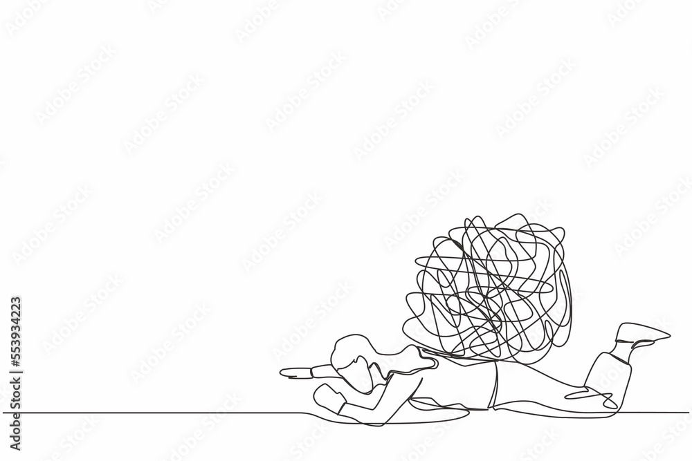 Continuous one line drawing unhappy businesswoman under heavy messy ...