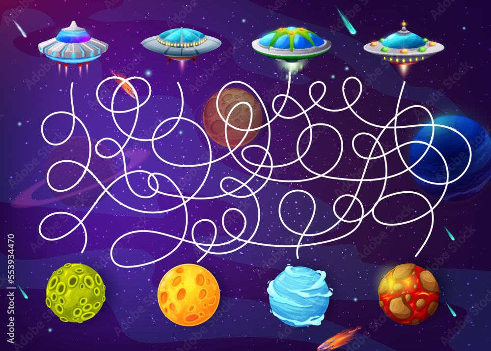 Cartoon space labyrinth, help ufo to find the planet maze game vector ...