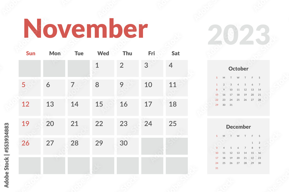 Monthly Calendar Template of november 2023. Vector simple gray grid ...