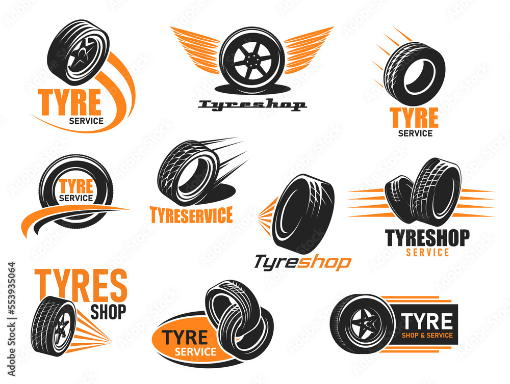 Car tyre shop and service icons. Wheel tire repair and balancing. Car ...