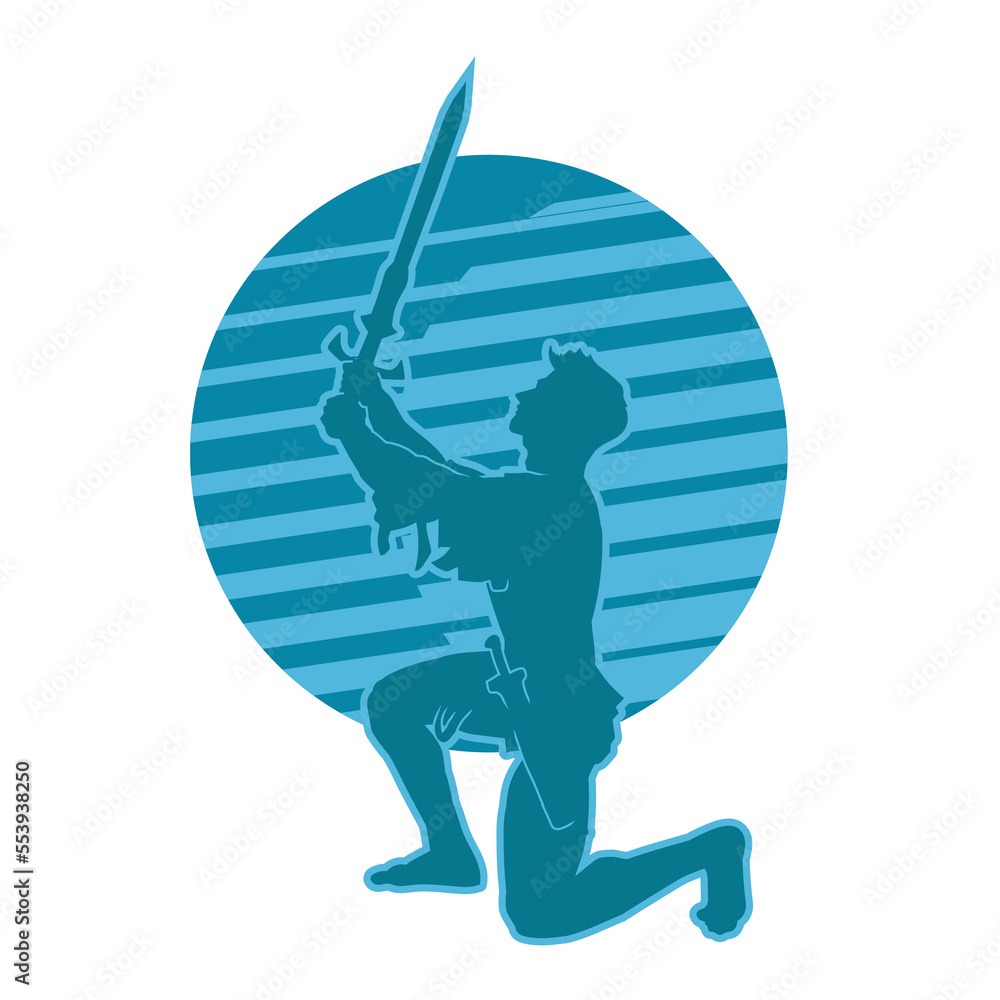 Vector silhouette of a kneeling knight and sword raised overhead. Stock ...