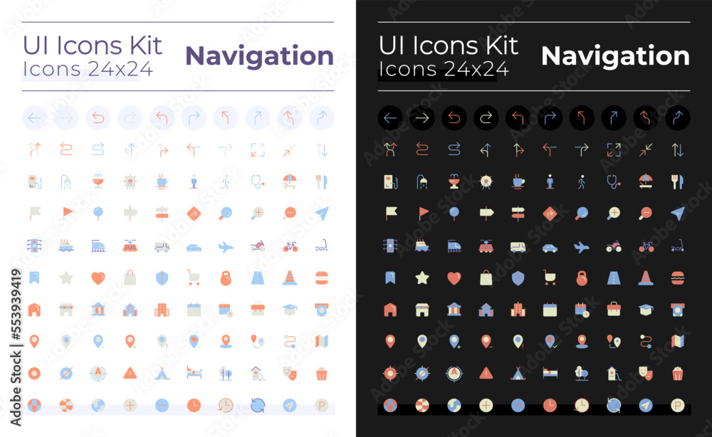GPS and navigation flat color ui icons set for dark, light mode. Pin ...