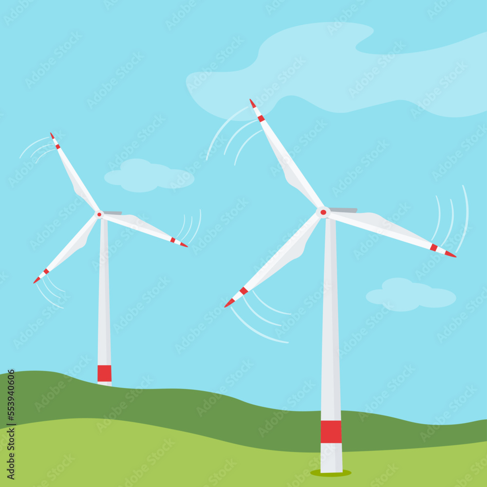 Wind power plant and factory. Wind turbines. Green energy industrial ...