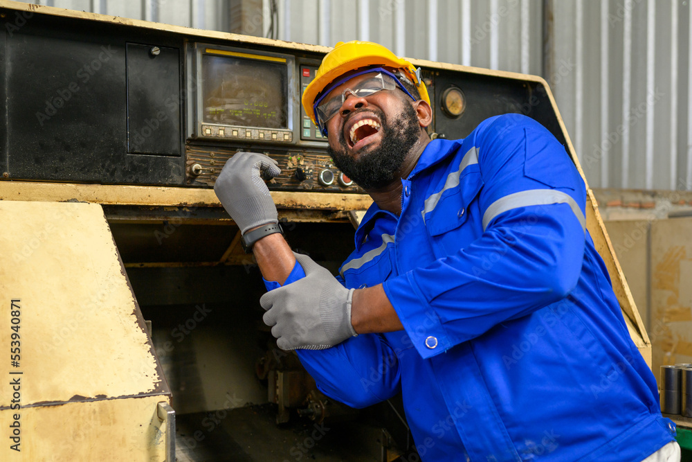 Worker with accident concept, worker with arm injury from machine ...