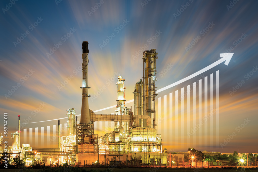 Oil gas refinery or petrochemical plant. Include arrow, graph or bar ...