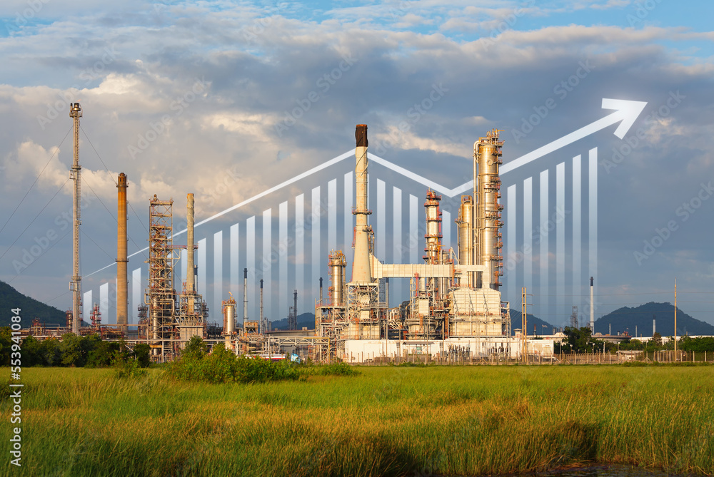 Oil gas refinery or petrochemical plant. Include arrow, graph or bar ...