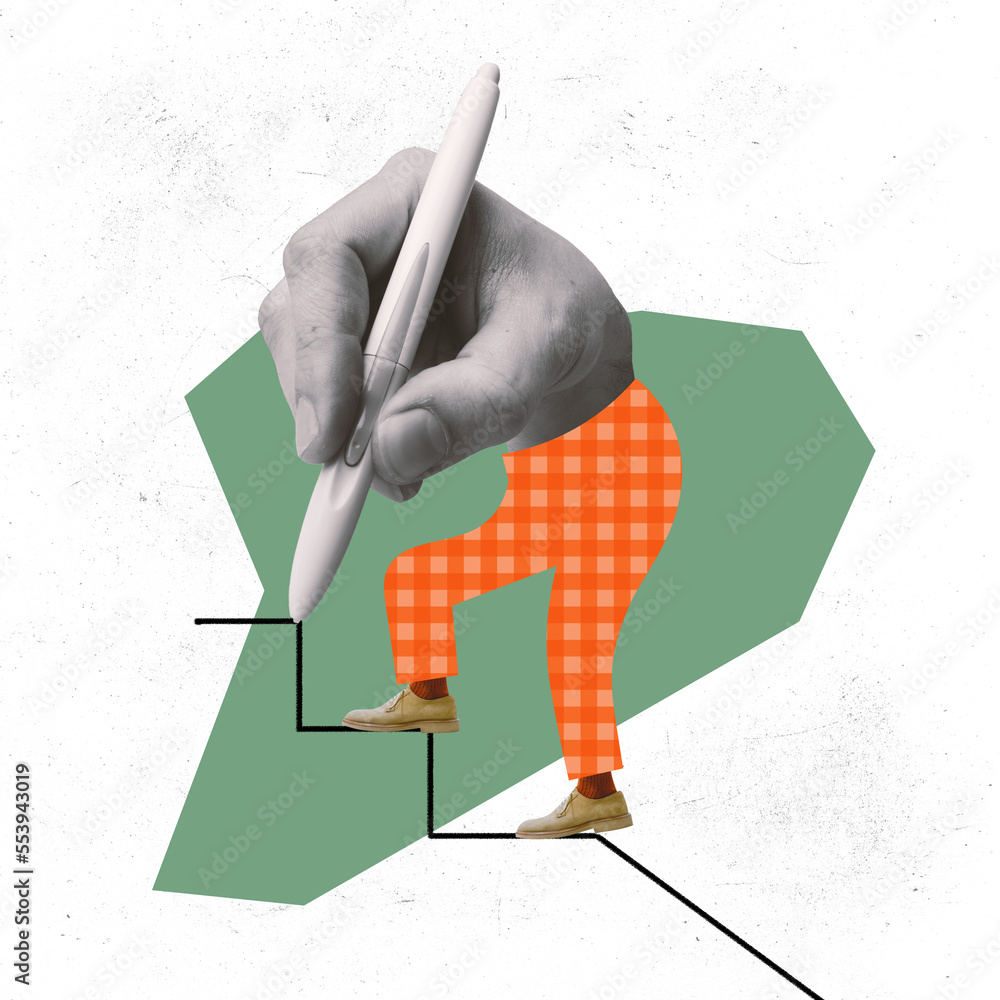 Contemporary art collage. Conceptual design with man drawing steps with ...