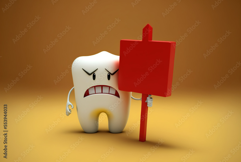 Character mascot with a white tooth and a red forbidden or prohibited ...