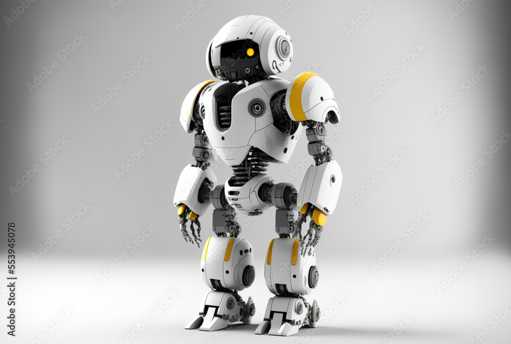 Assistant robot with artificial intelligence standing alone on white ...