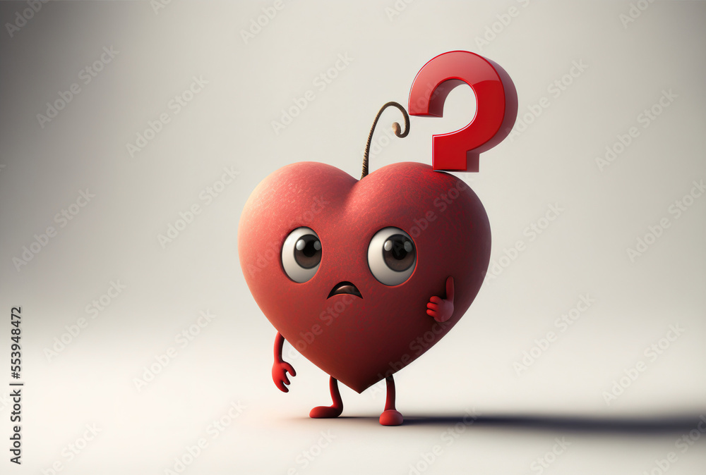 Character mascot with a red heart and a question mark on a white ...