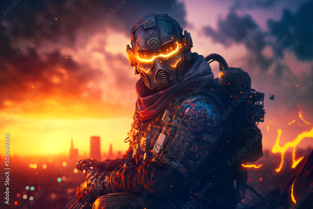 futuristic soldier with gas mask, burning night city light bokeh ...