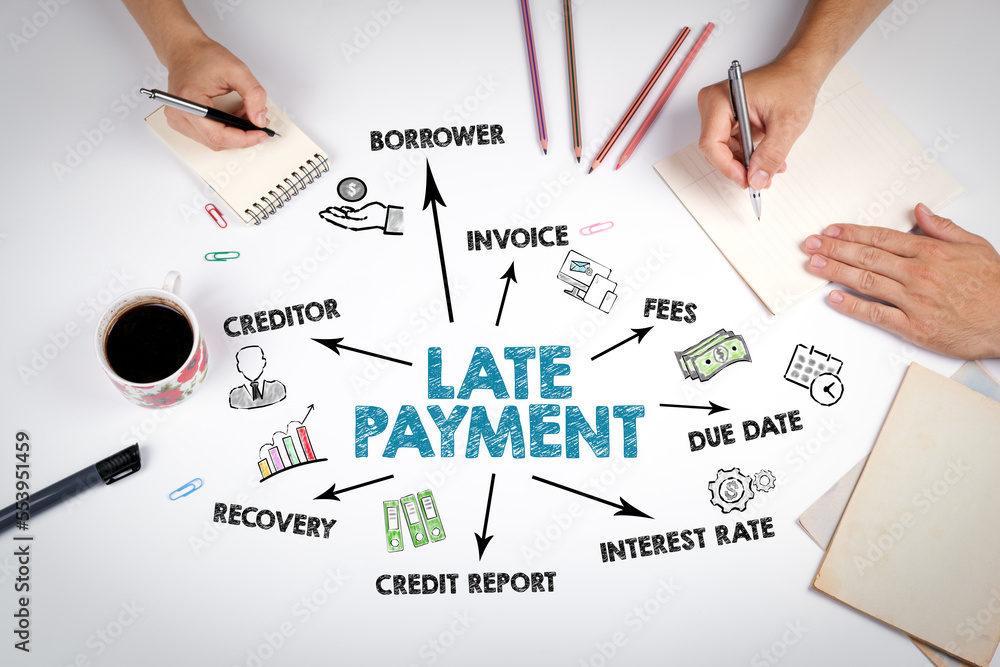 Foto de LATE PAYMENT. Illustration with keywords, icons and arrows. The ...