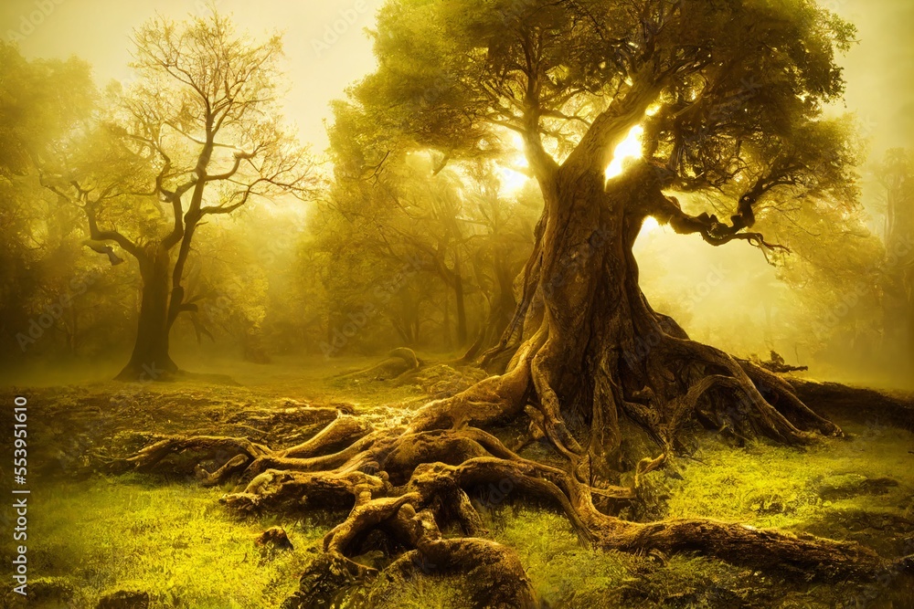 fantasy landscape, old magic tree in the forest, old spooky tree with ...
