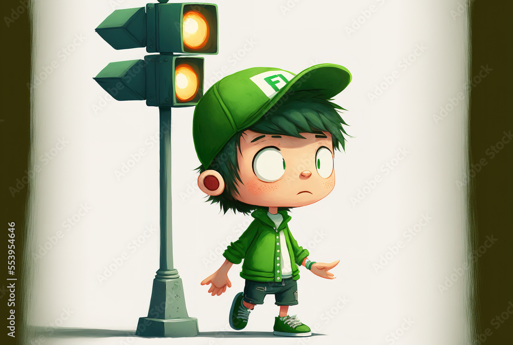 Little male teen character mascot in a cartoon with a green traffic ...