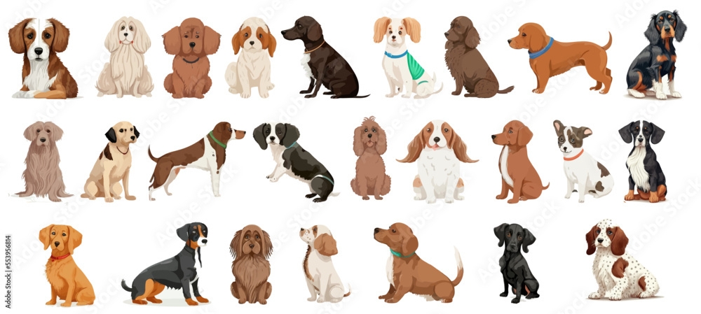 Cute dogs, puppies of different breeds set. Doodle pattern in different ...