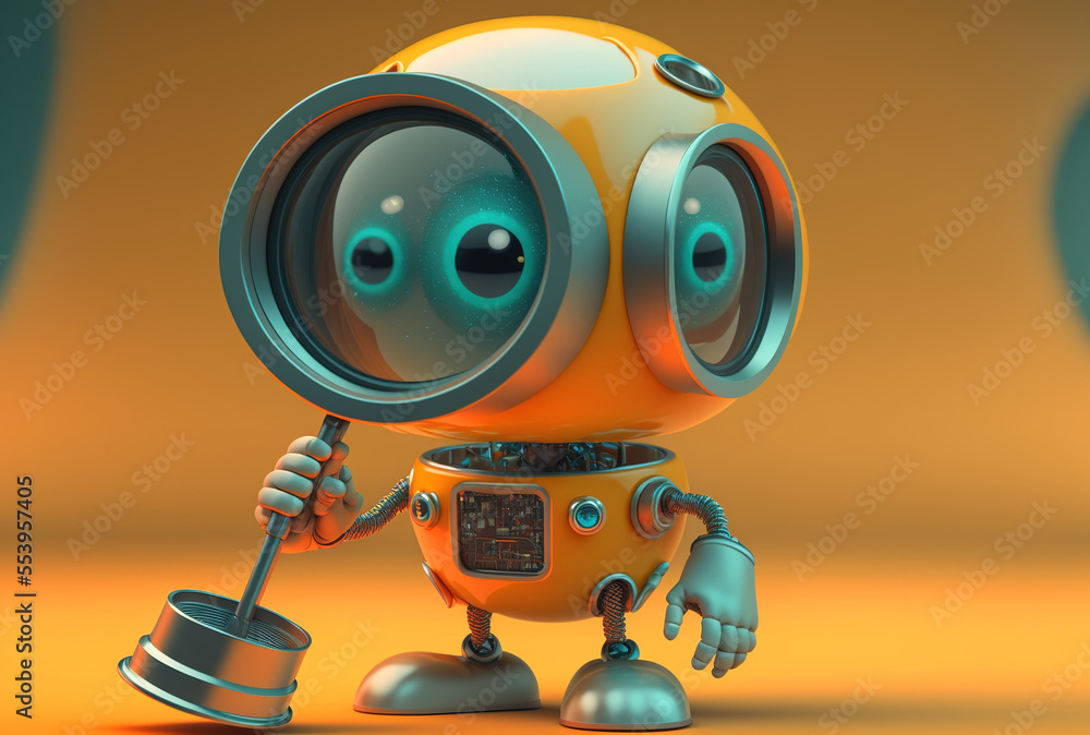 adorable artificial intelligence helper robot with a magnifying glass ...