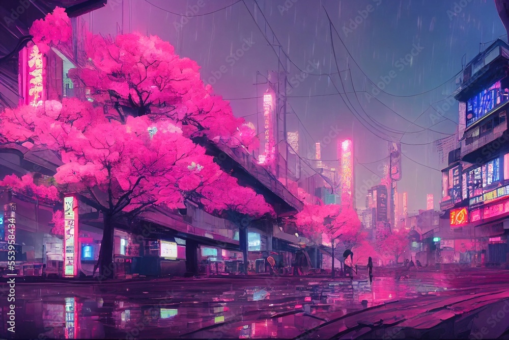 Japanese cyberpunk city pink sakura tree in bloom Stock Illustration ...