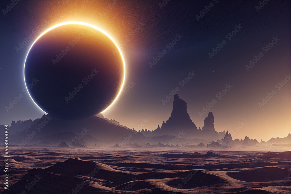 an alien planet landscape with eclipse moon moon in the distance ...