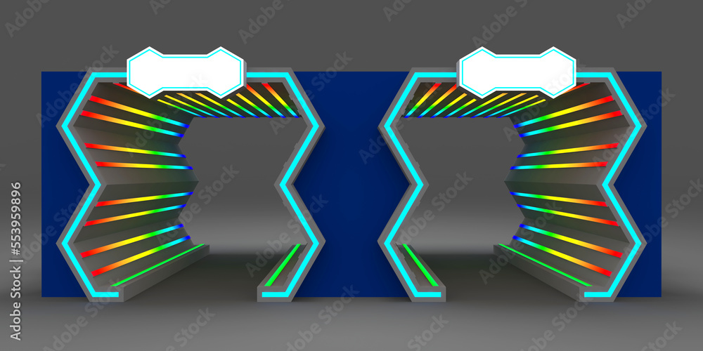 3d illustration tunnel gate double access LED strip line color digital ...
