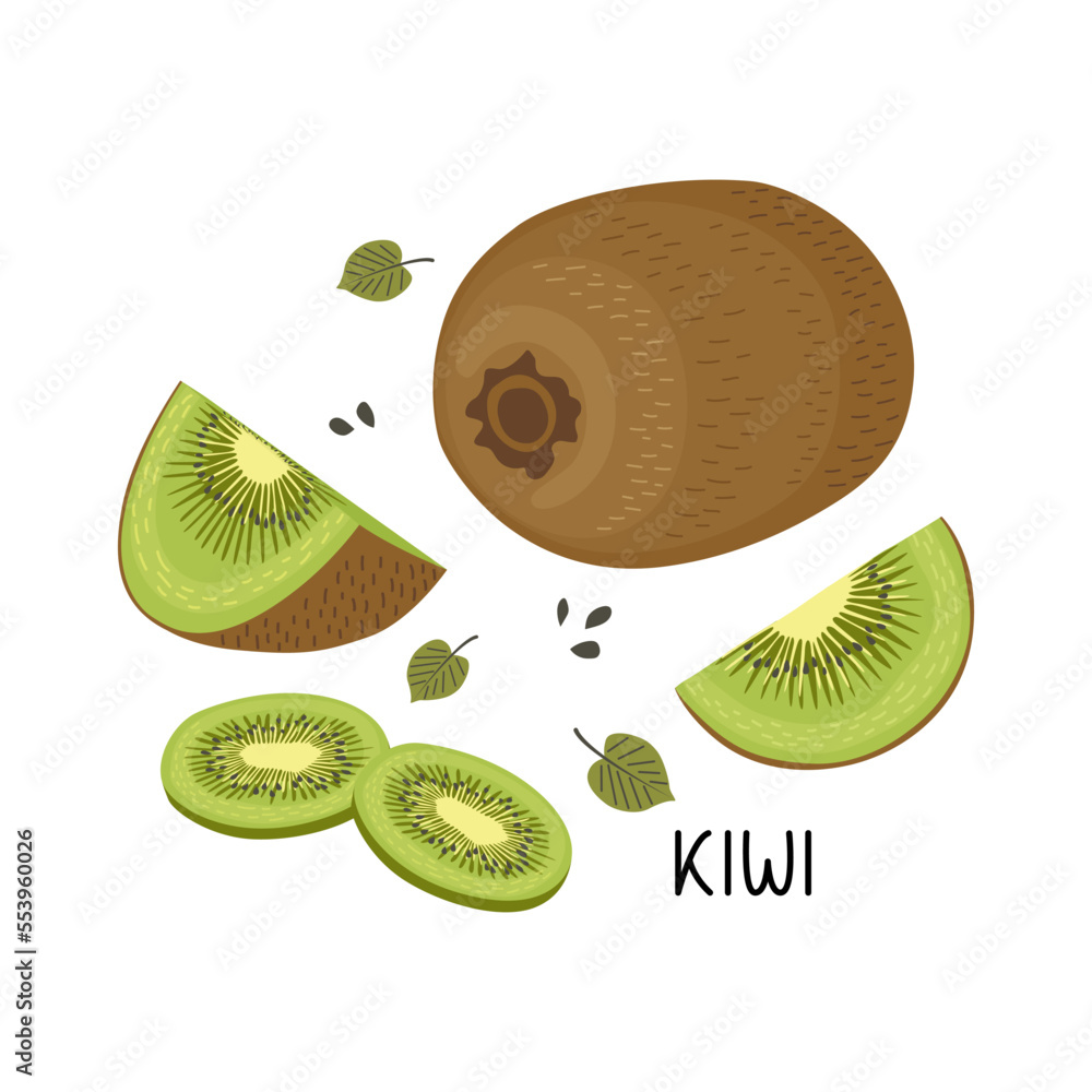 Vector illustration of a set of ripe fresh kiwi, fruit halves and ...
