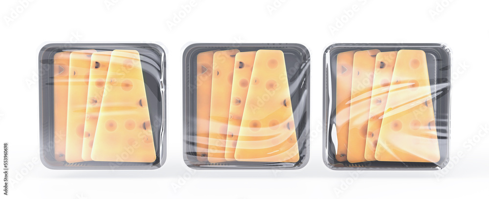Black plastic trays with slices cheese top view 3d render. Realistic ...
