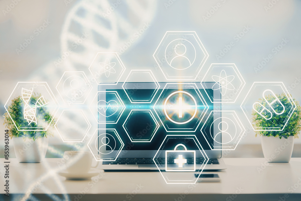 Desktop computer background and DNA drawing. Double exposure. Science ...
