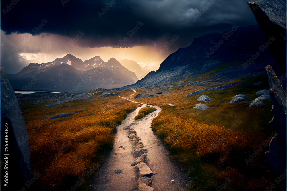 Generative AI abstract render of an alpine fantasy landscape in a ...