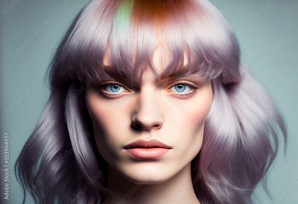 Beautiful woman with modern multi coloured hairstyle. model pose with ...