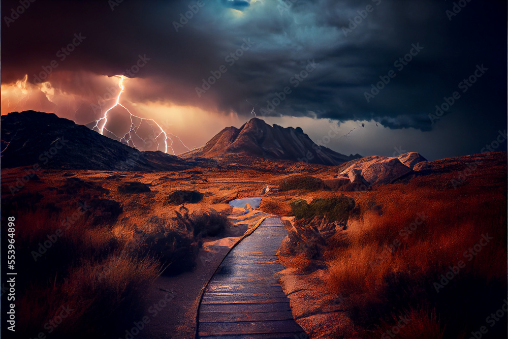 Generative AI abstract render of an alpine fantasy landscape in a ...