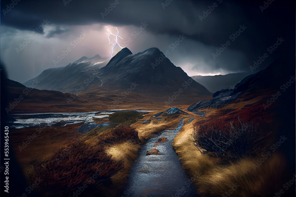 Generative AI abstract render of an alpine fantasy landscape in a ...