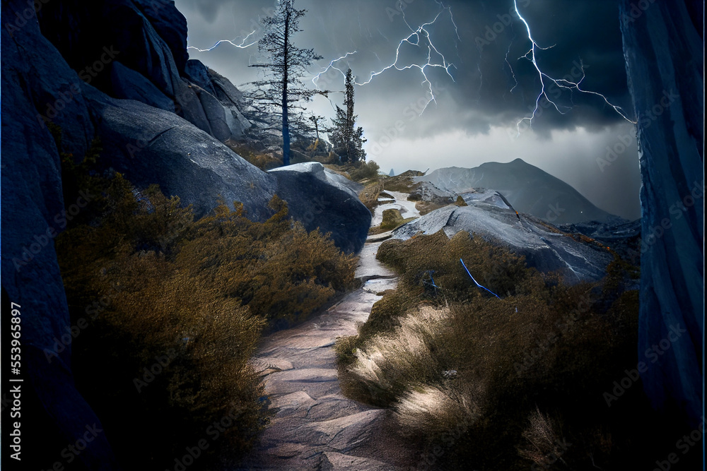 Generative AI abstract render of an alpine fantasy landscape in a ...