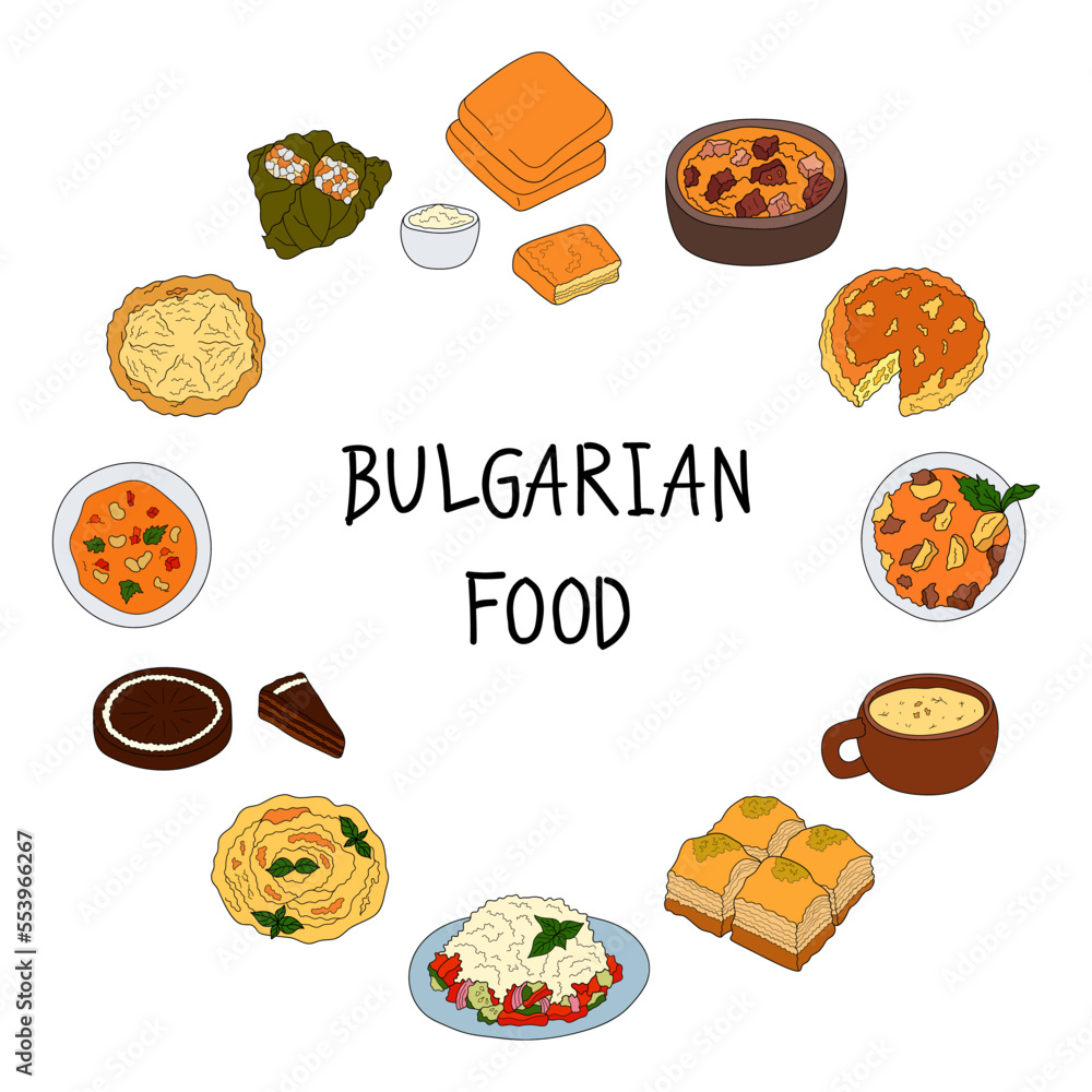 Colorful vector set hand drawn of Bulgarian food. Design sketch for ...