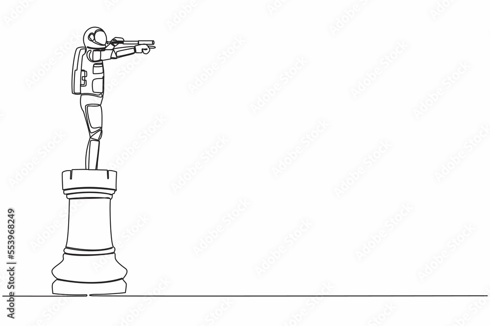 Single continuous line drawing young astronaut on top of big rook chess piece using monocular in ...