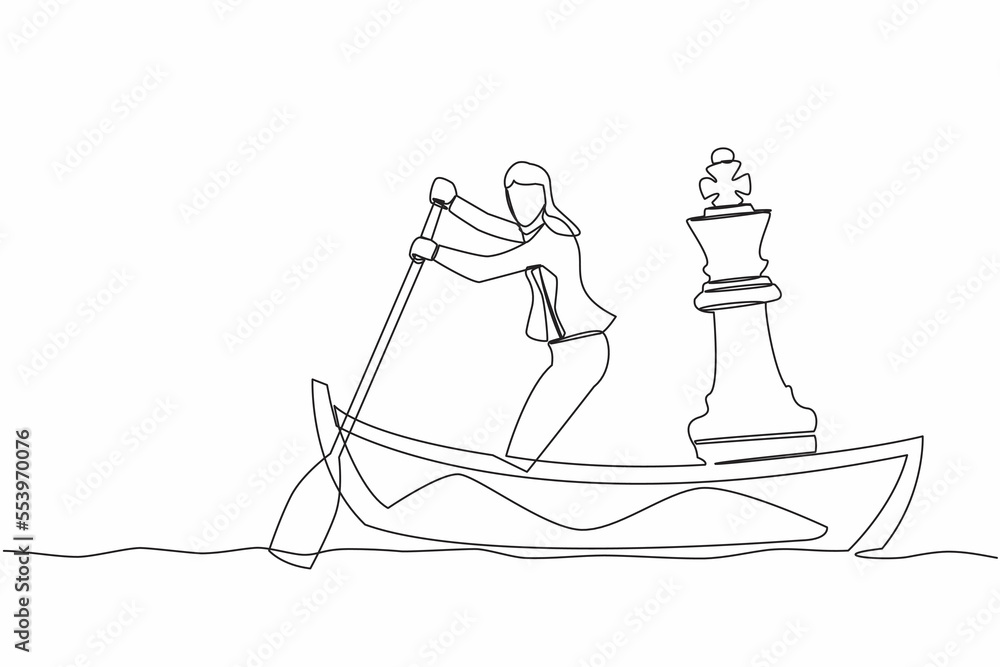 Single one line drawing businesswoman sailing away on boat with chess ...