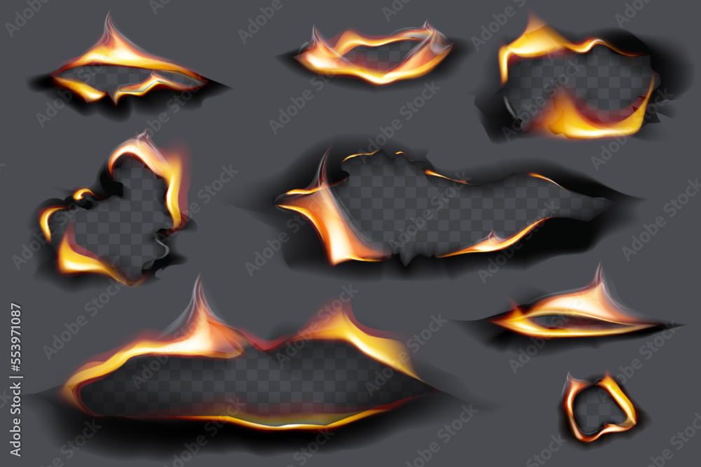 Burning holes, fire flames. Realistic burnt paper. Burned paper ...