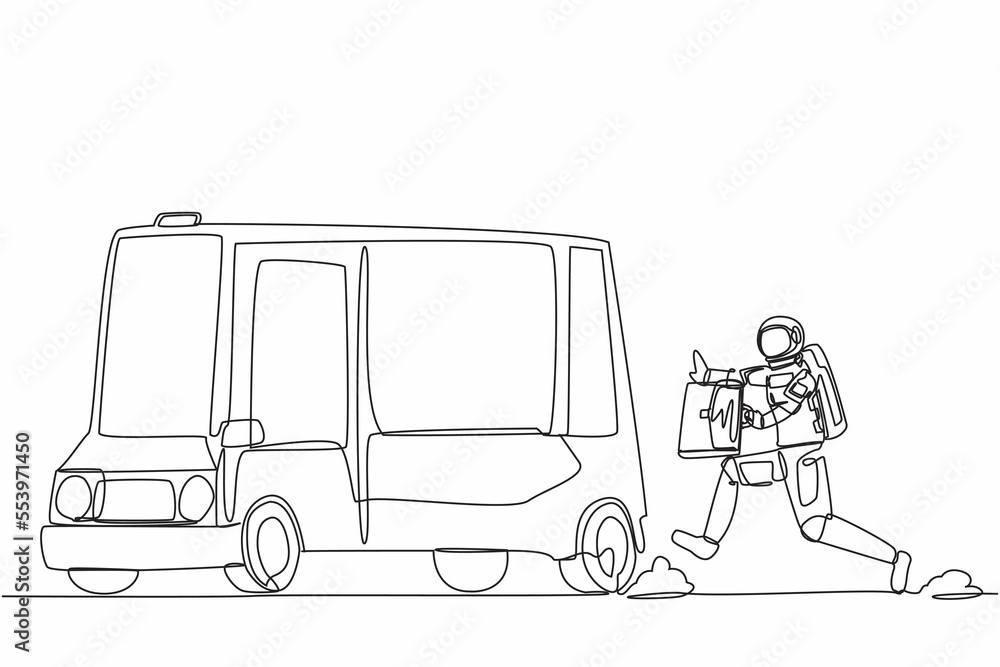 Single continuous line drawing of young astronaut run chasing bus in ...