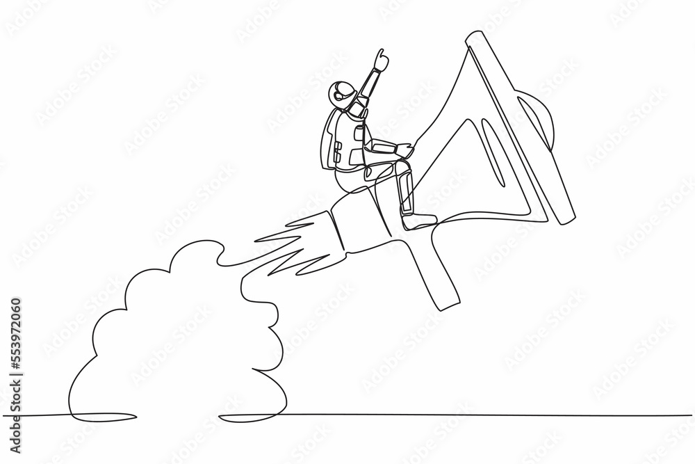Single one line drawing astronaut riding megaphone rocket flying in ...