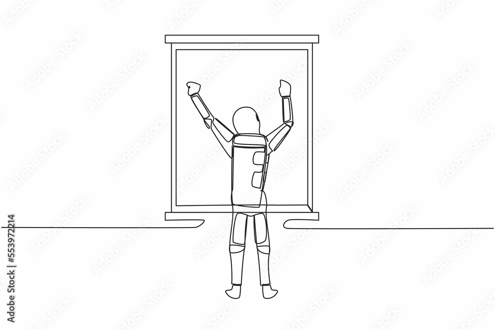 Single one line drawing back view relaxed young astronaut stretching ...