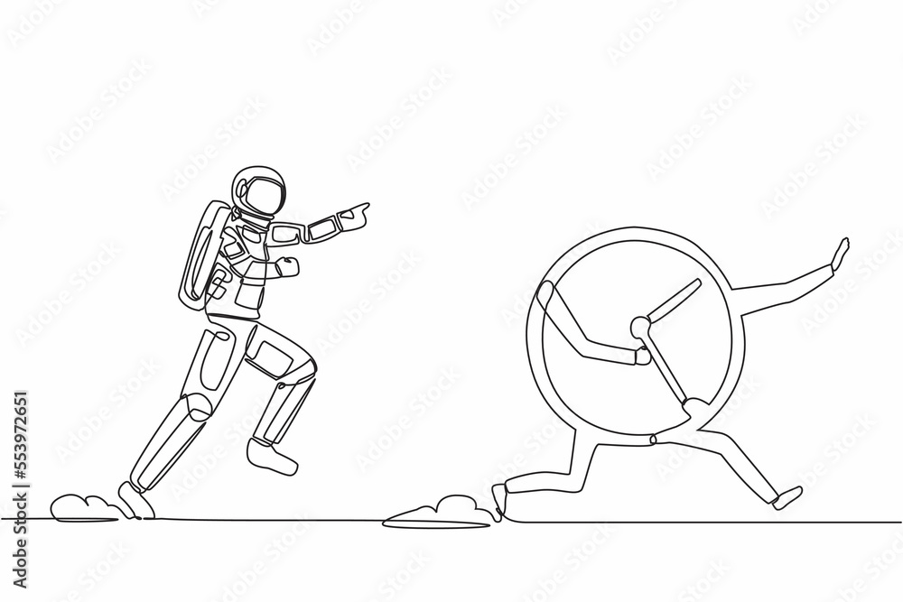 Single continuous line drawing of young astronaut run chase clock time ...