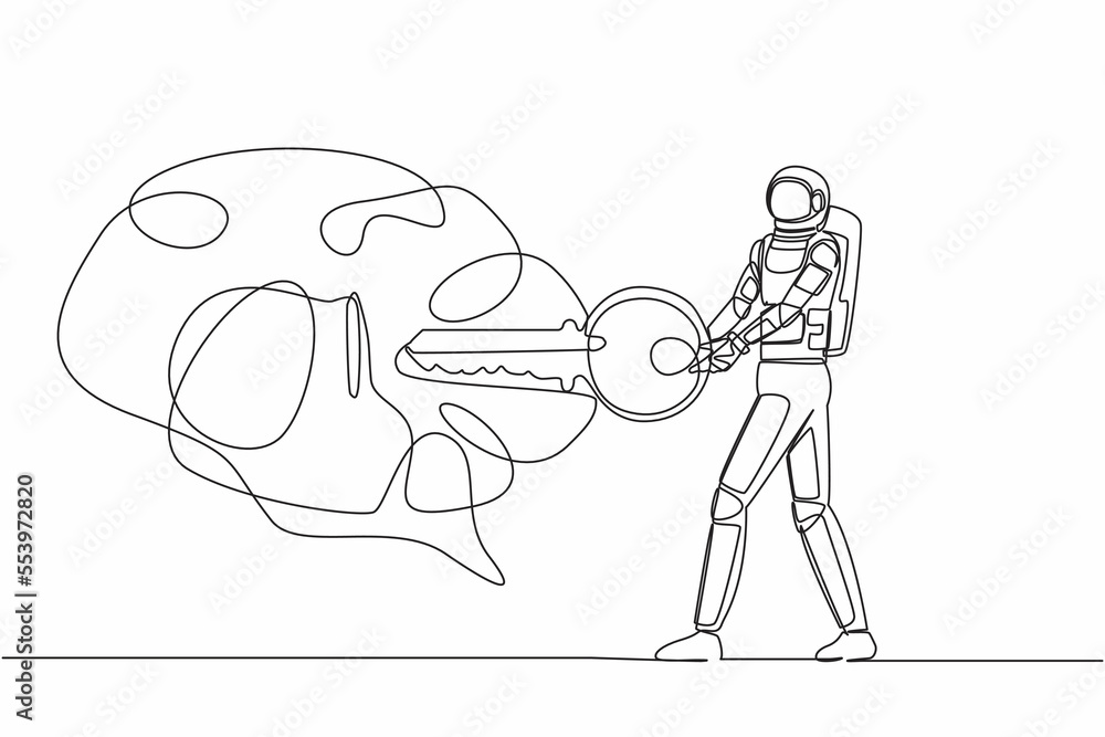 Continuous one line drawing young astronaut putting key into brain in ...