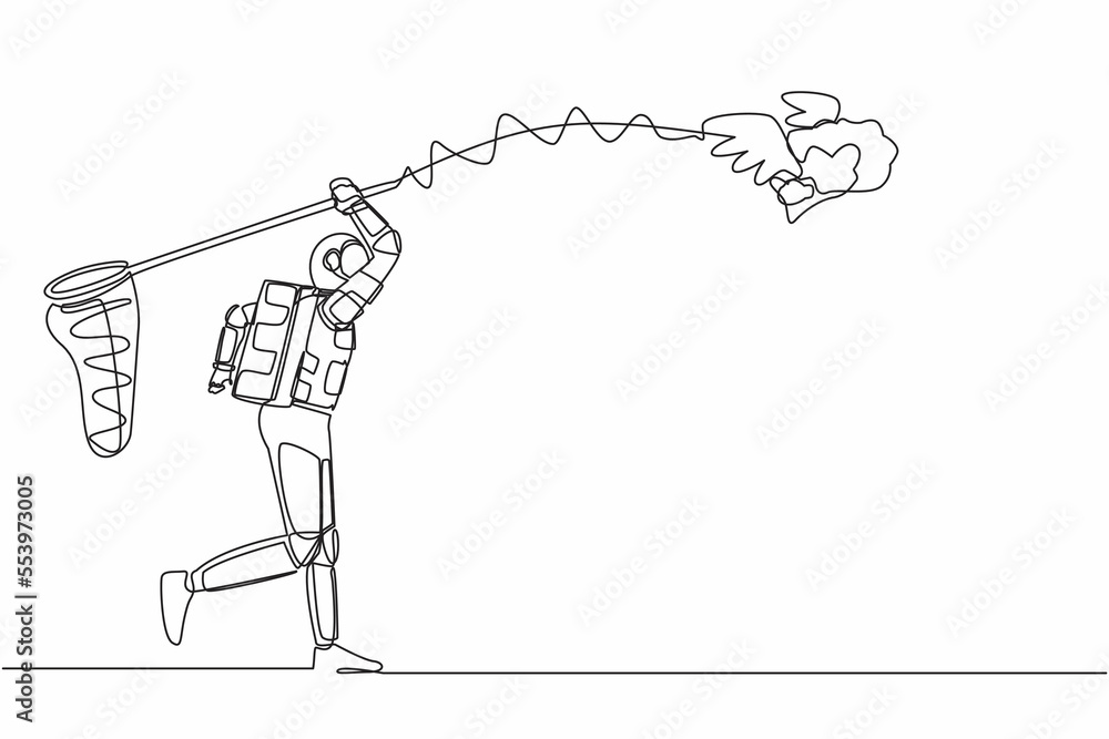 Single one line drawing astronaut try to catch flying brain with ...