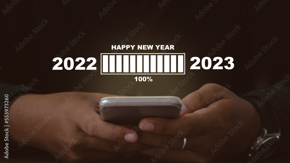 Countdown concept.Happy new year 2023.Manhand waiting loading bar ...