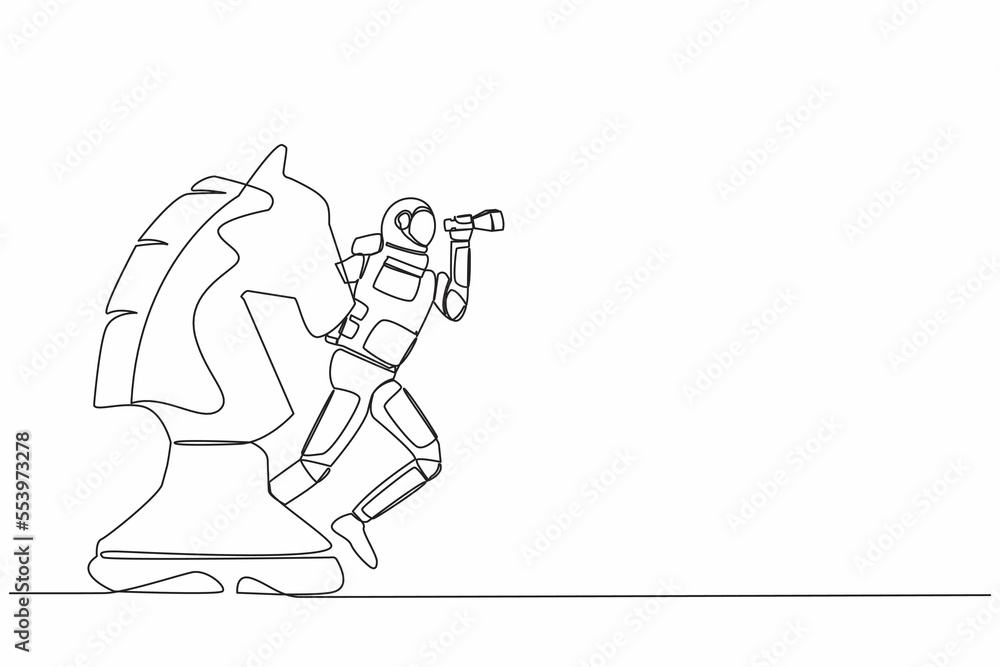 Continuous one line drawing of astronaut standing on horse chess piece using telescope to see ...