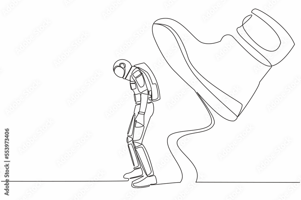 Single one line drawing young astronaut standing weak under huge boot ...