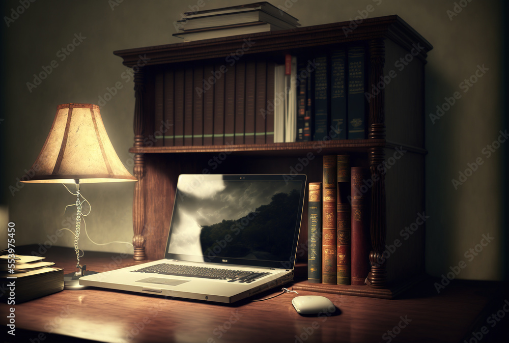 bookshelf and laptop on table. Generative AI Stock Illustration | Adobe ...