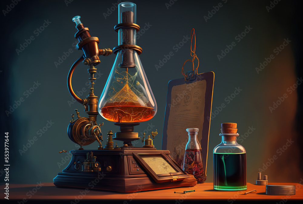 arrangement of a microscope and an erlenmeyer flask. Generative AI ...