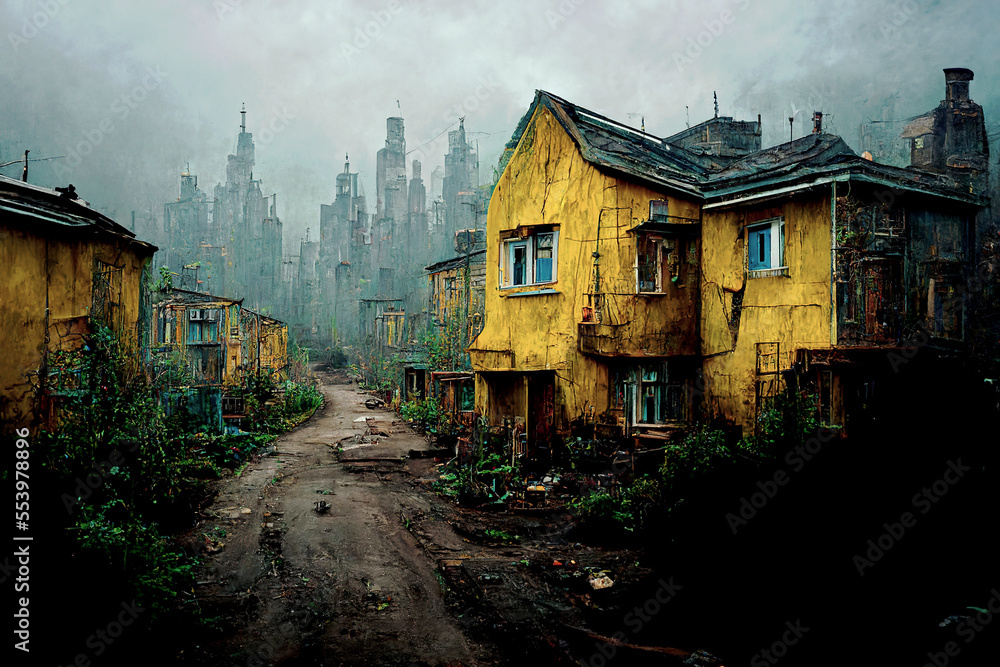 Ruined houses in a foggy post-apocalyptic village ,made with Generative ...