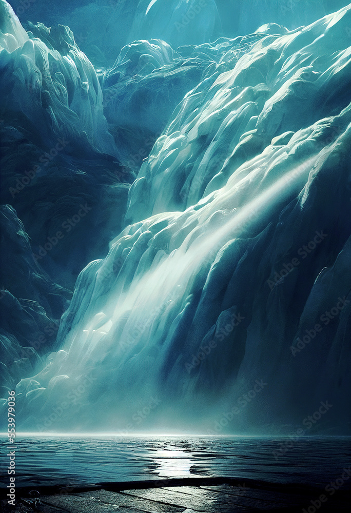 Frozen lake at the base of ice mountain, fantasy world ,made with ...